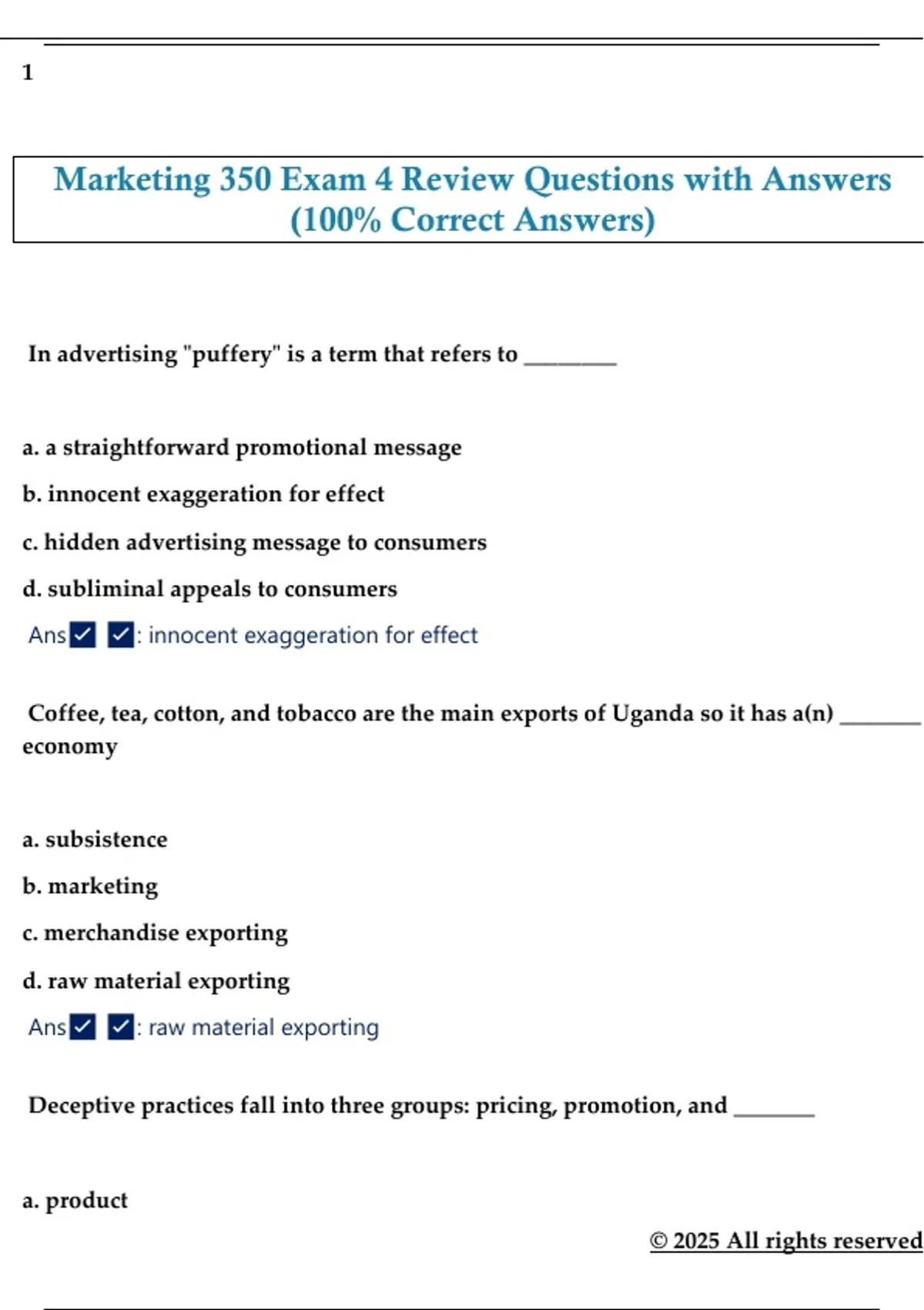 Marketing 350 Exam 4 Review Questions with Answers (100% Correct ...