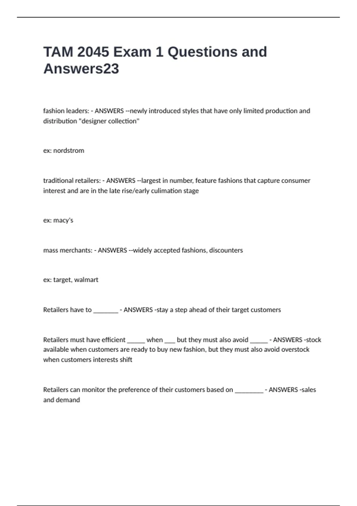 TAM 2045 Exam 1 Questions and Answers - TAM 2045 - Stuvia US