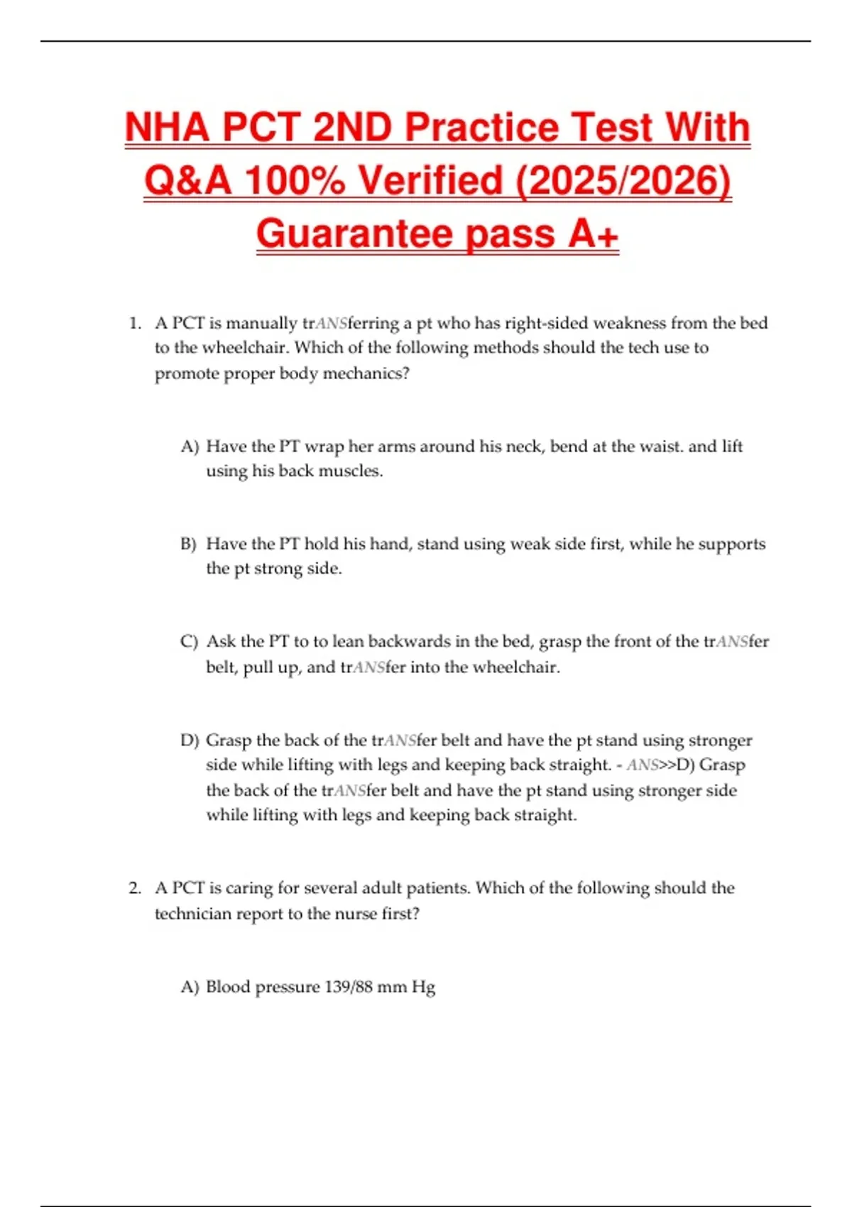 NHA PCT Practice Test 2025/2026 – 100% Verified Q&A for Patient Care ...