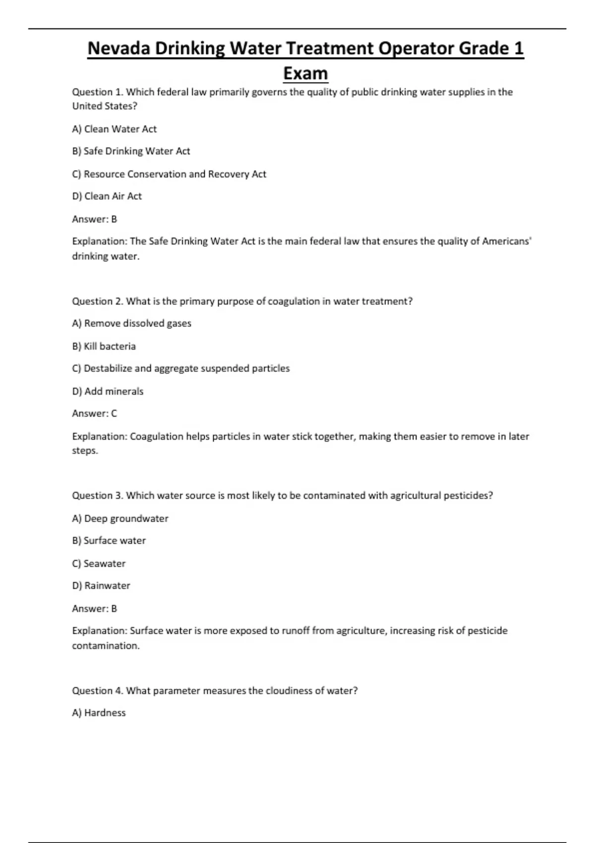 Nevada Drinking Water Treatment Operator Grade 1 Exam - Computers ...