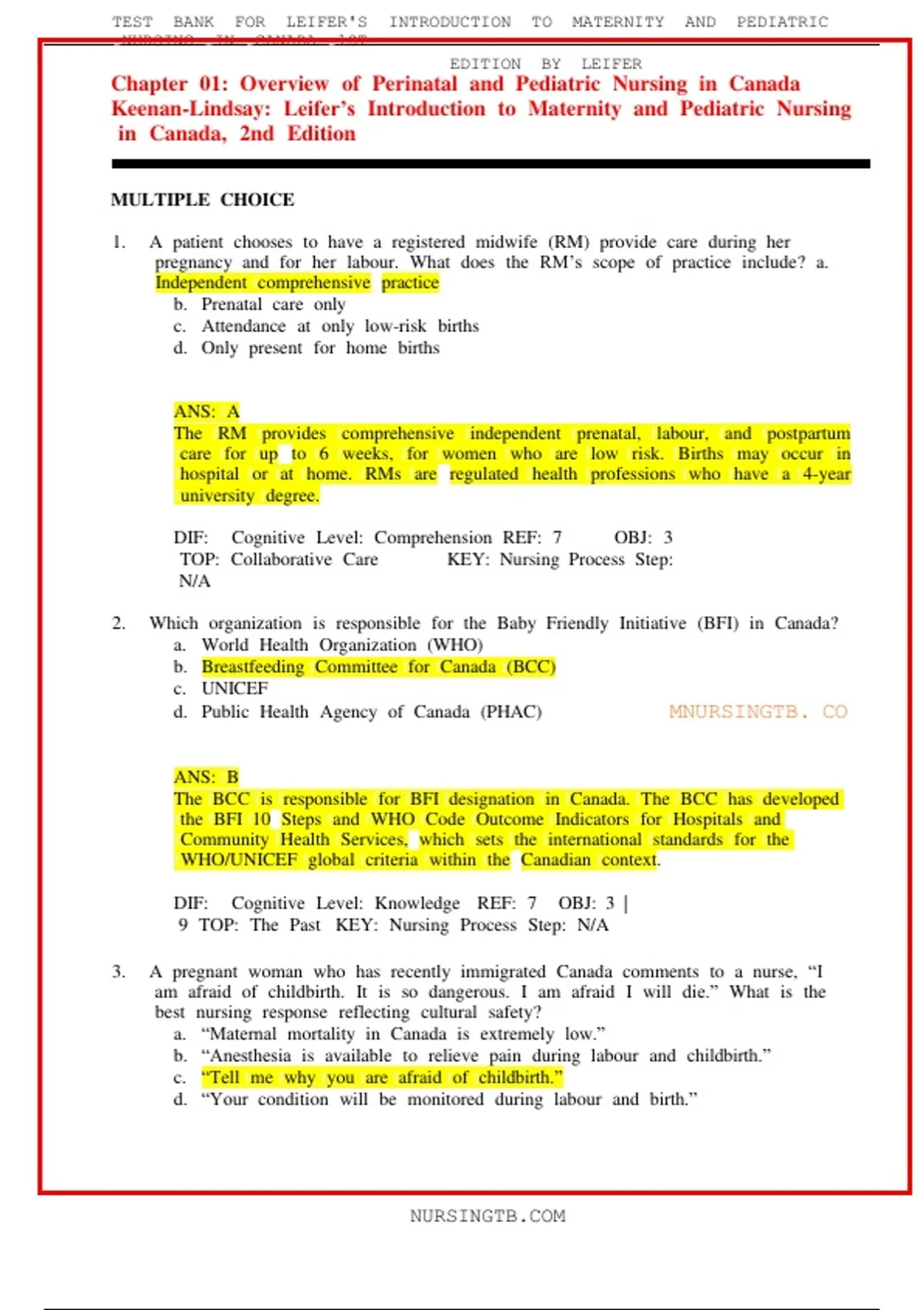 Test Bank for Leifer`s Introduction to Maternity and Pediatric Nursing ...