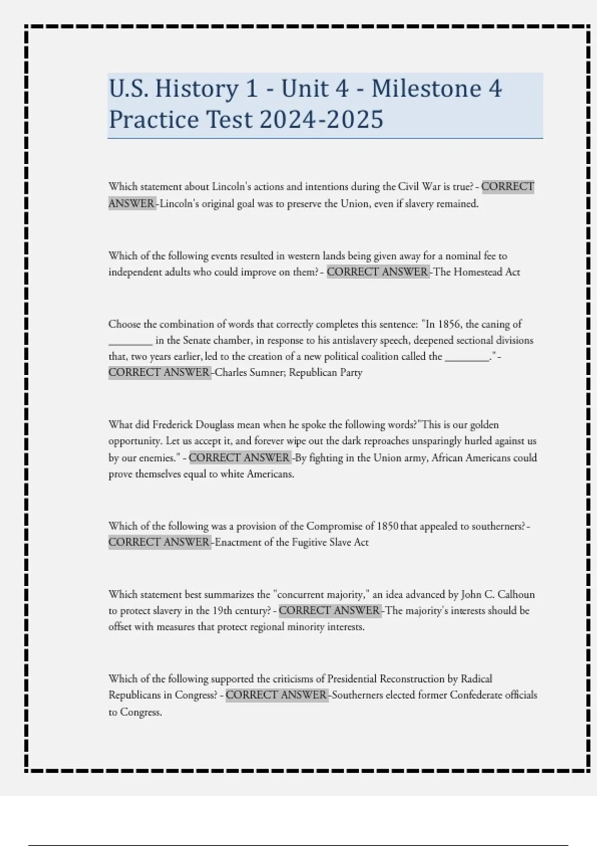 U.S. History 1 - Unit 4 - Milestone 4 Practice Test - U.S. History 1 ...