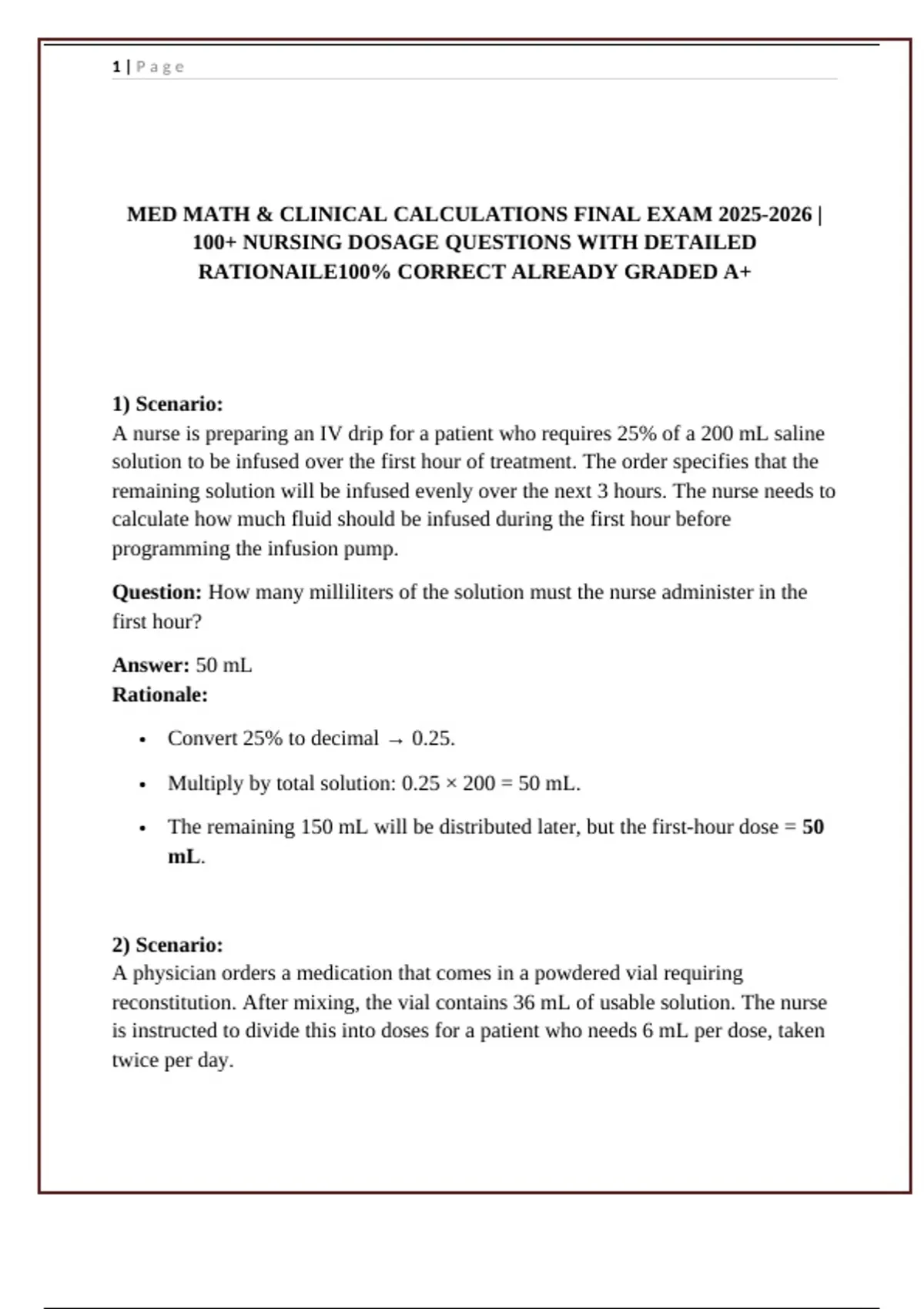 MED MATH & CLINICAL CALCULATIONS FINAL EXAM | 100+ NURSING DOSAGE ...