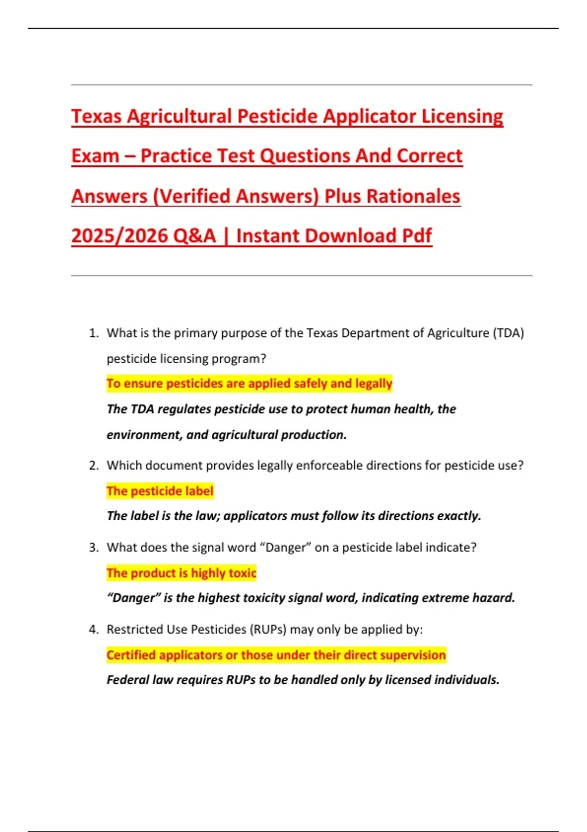 Texas Agricultural Pesticide Applicator Licensing Exam – Practice Test ...