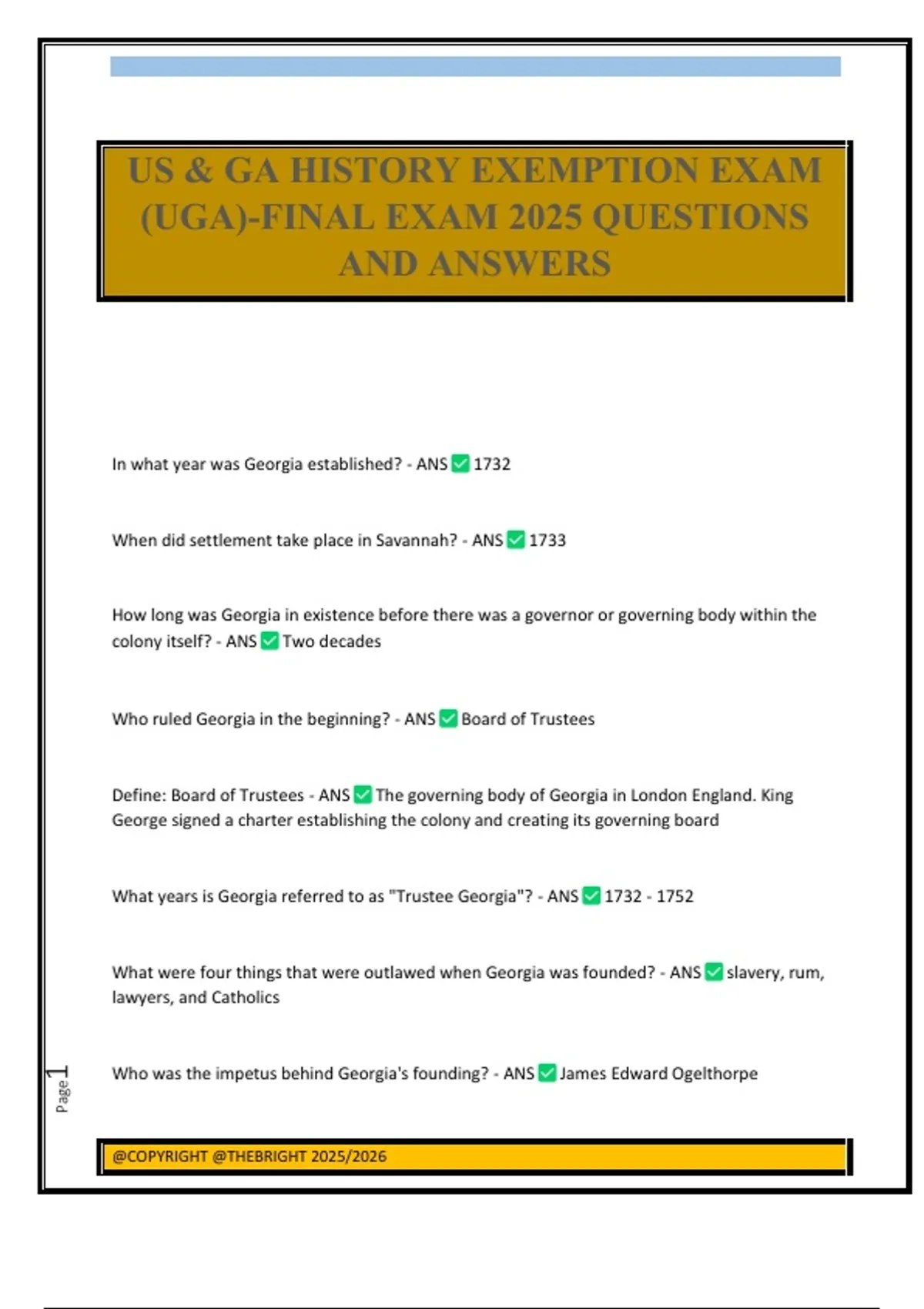 US & GA HISTORY EXEMPTION EXAM (UGA)-FINAL EXAM 2025 QUESTIONS AND ...