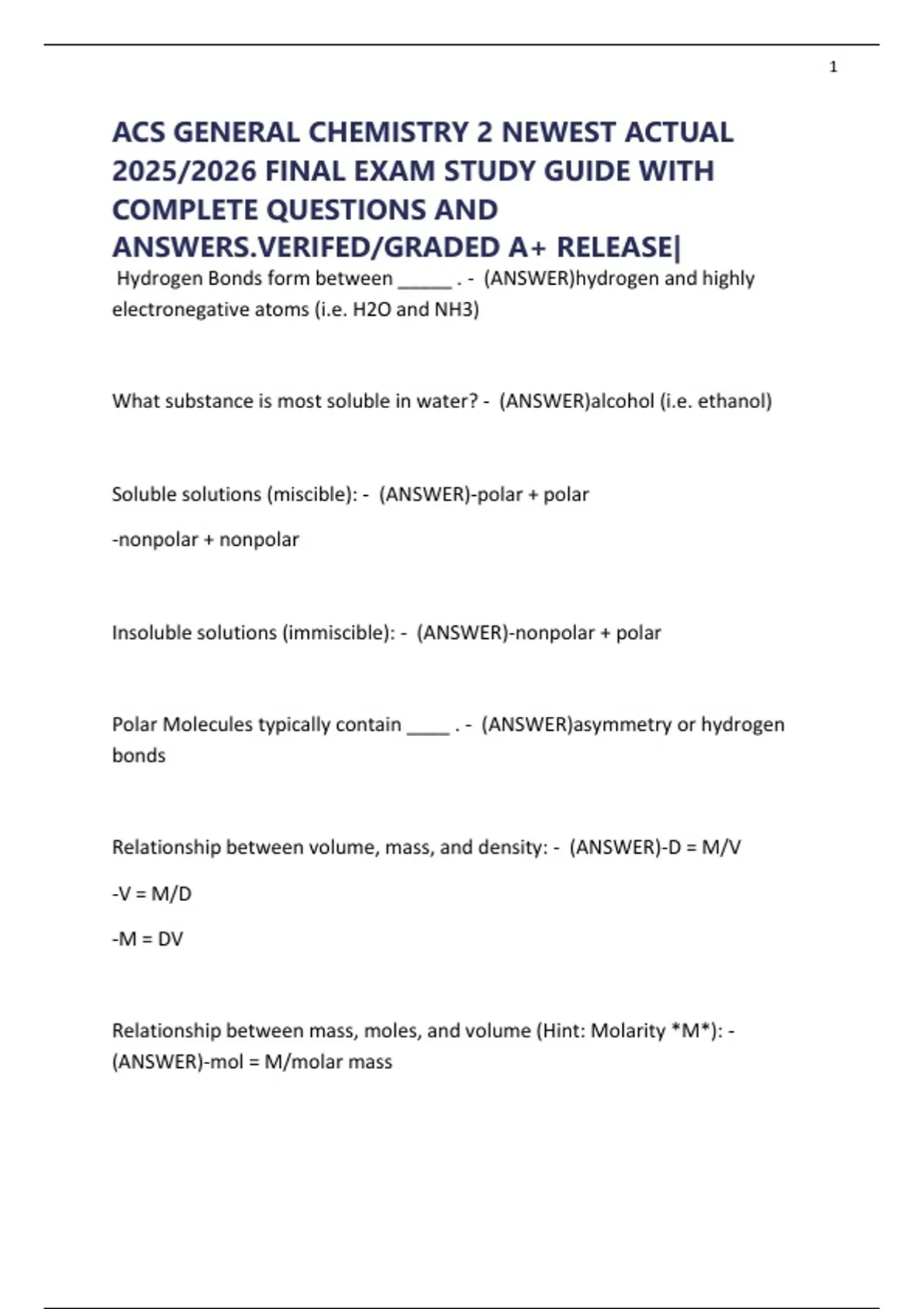 ACS GENERAL CHEMISTRY 2 NEWEST ACTUAL 2025/2026 FINAL EXAM STUDY GUIDE WITH COMPLETE QUESTIONS ...