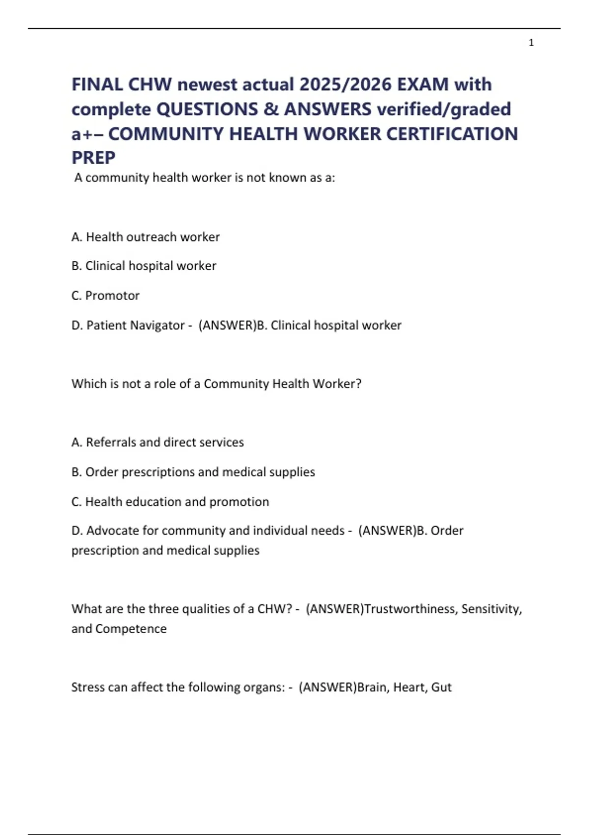 FINAL CHW newest actual 2025/2026 EXAM with complete QUESTIONS ...