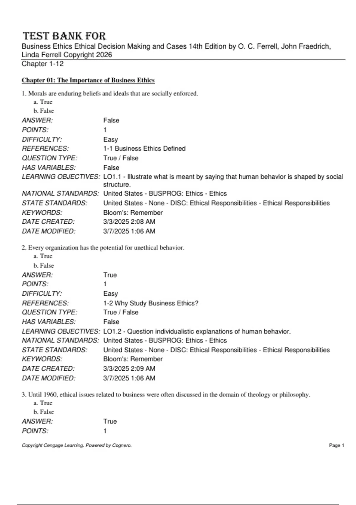 Test Bank For Business Ethics Ethical Decision Making and Cases 14th ...