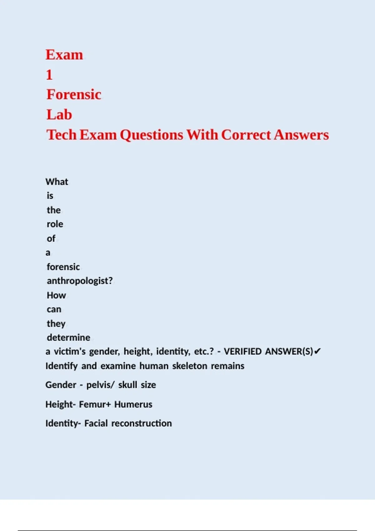 Exam 1 Forensic Lab Tech Exam Questions With Correct Answers - Forensic ...