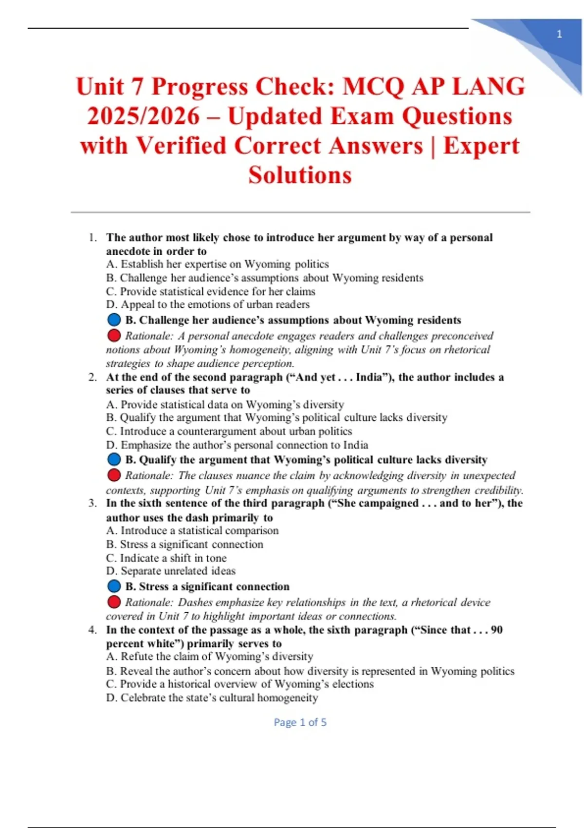 Unit 7 Progress Check: MCQ AP LANG 2025/2026 – Updated Exam Questions ...