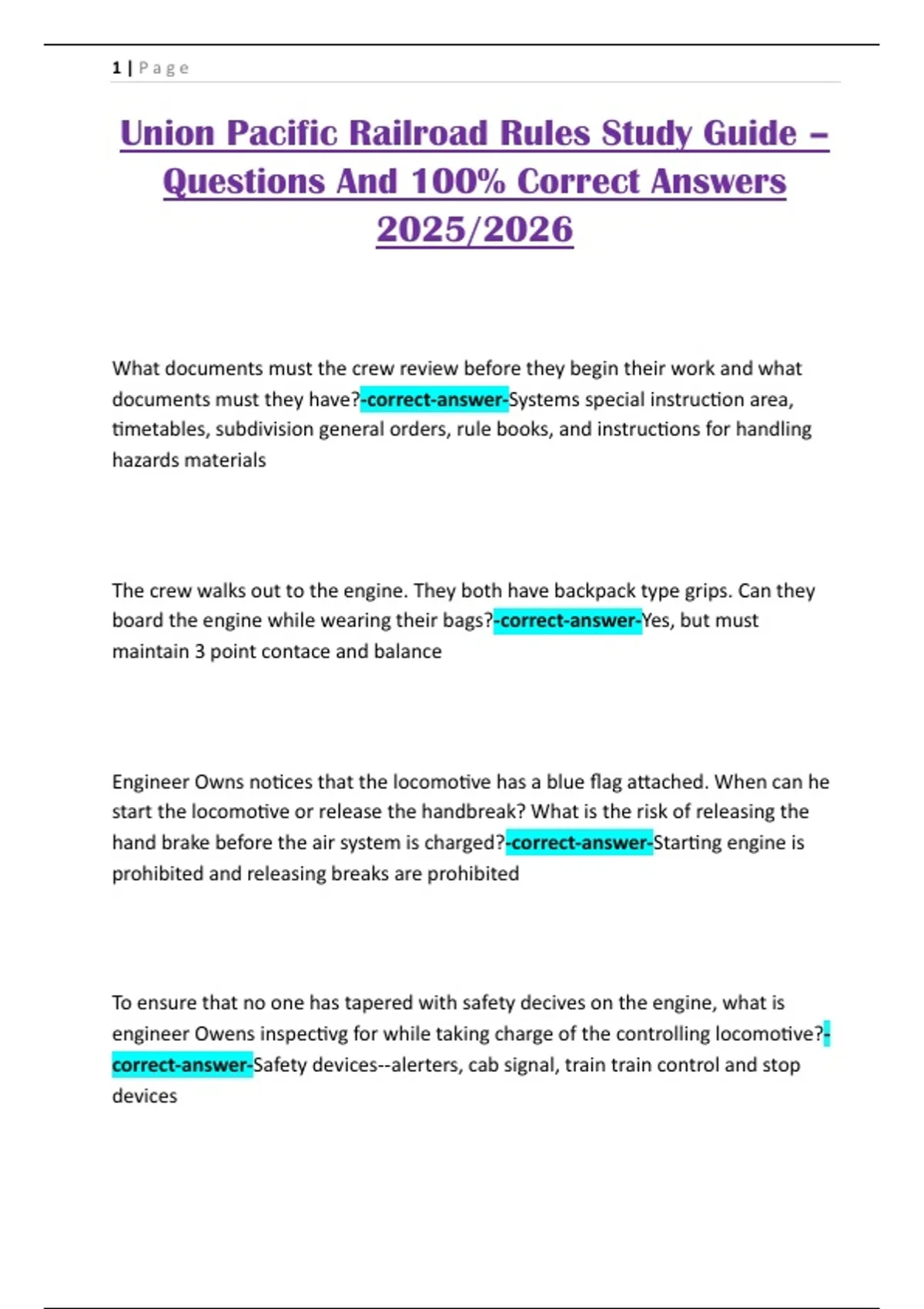 Union Pacific Railroad Rules Study Guide – Questions And 100% Correct ...