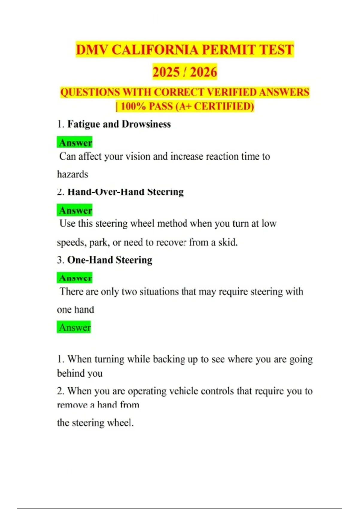 DMV CALIFORNIA PERMIT TEST 2025 / 2026 QUESTIONS WITH CORRECT VERIFIED ...
