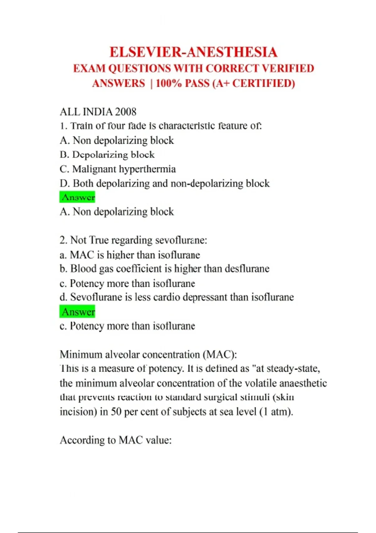 ELSEVIER-ANESTHESIA EXAM QUESTIONS WITH CORRECT VERIFIED ANSWERS | 100% ...