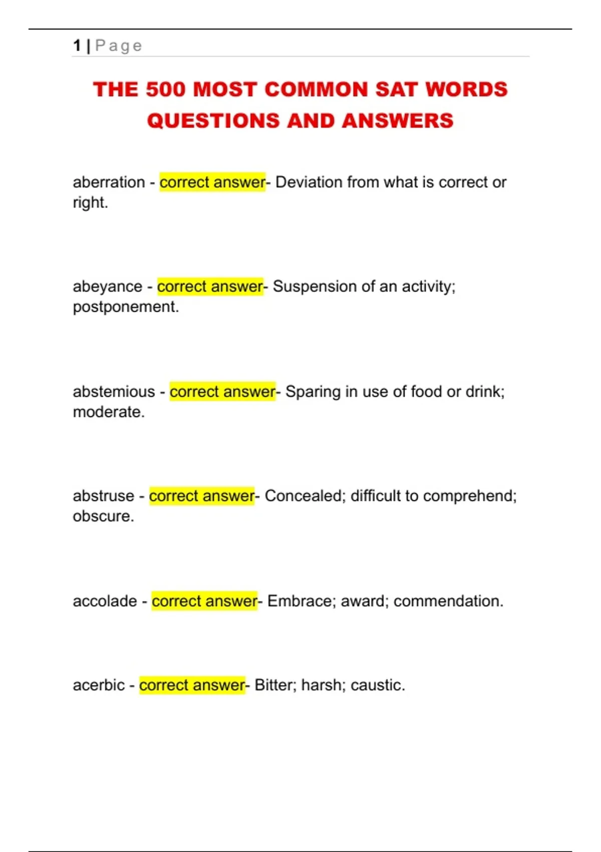 THE 500 MOST COMMON SAT WORDS QUESTIONS AND ANSWERS - THE 500 MOST ...
