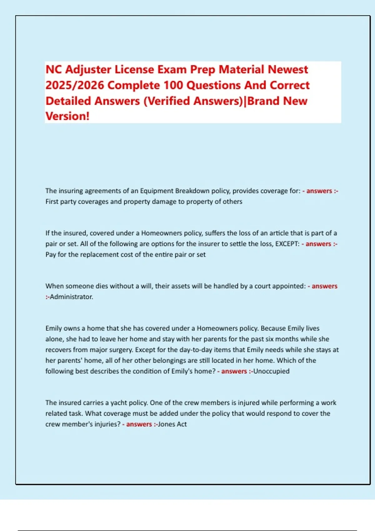 NC Adjuster License Exam Prep Material Newest 2025/2026 Complete 100 ...