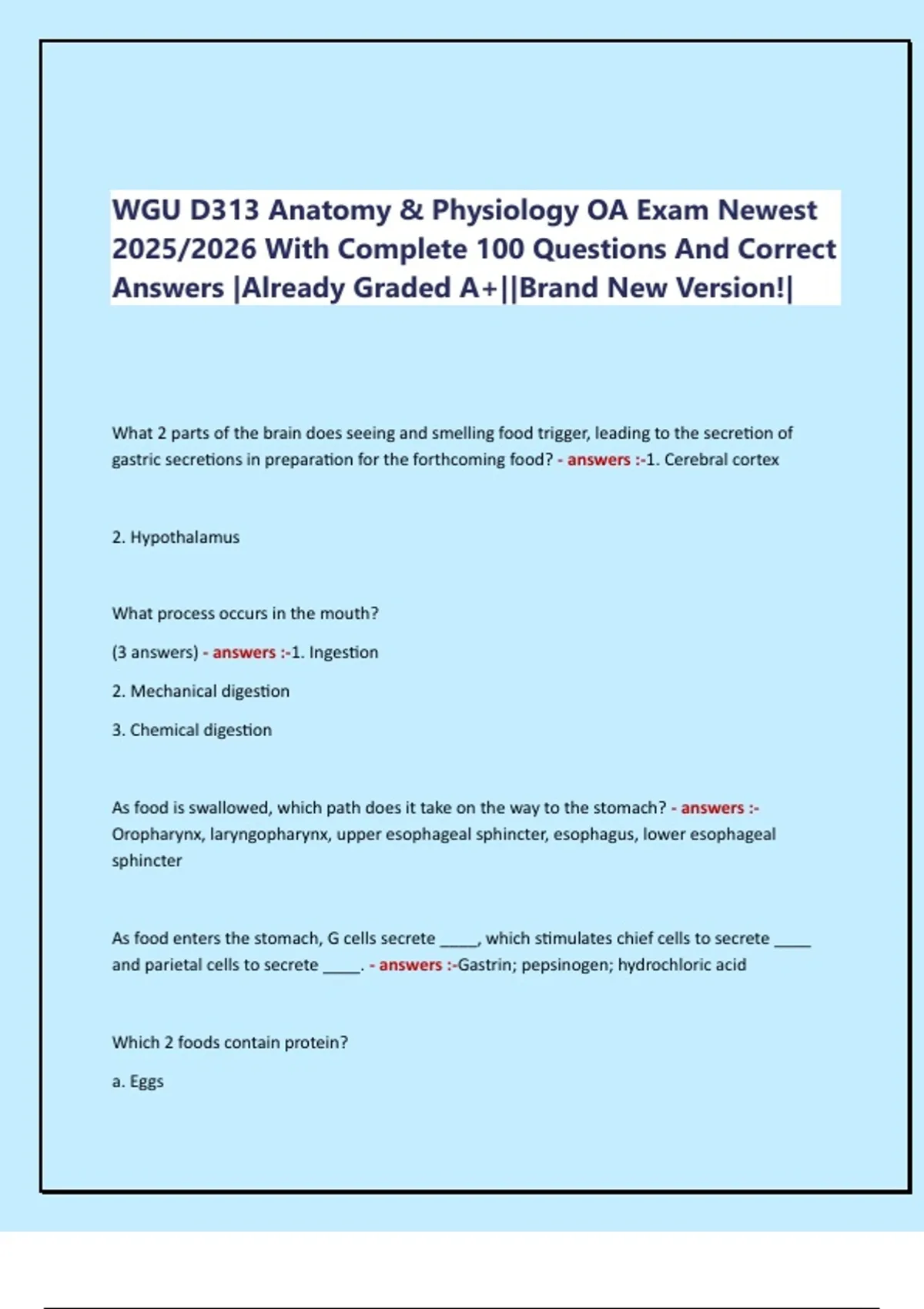 WGU D313 OA ANATOMY AND PHYSIOLOGY EXAM 2026 - Stuvia US