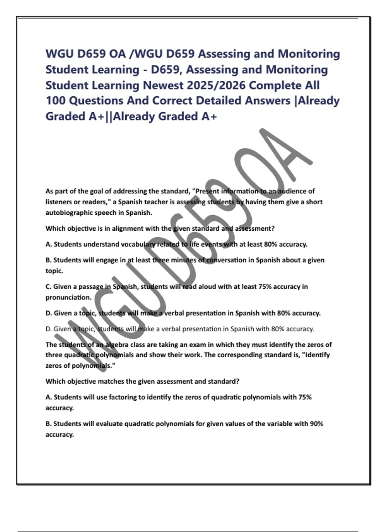 WGU D659 OA /WGU D659 Assessing and Monitoring Student Learning - D659 ...