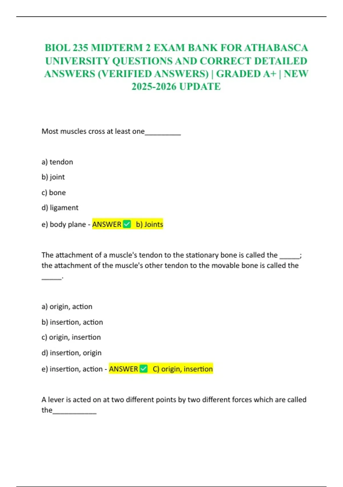Biol 235 Midterm 2 Exam Bank For Athabasca University Questions And