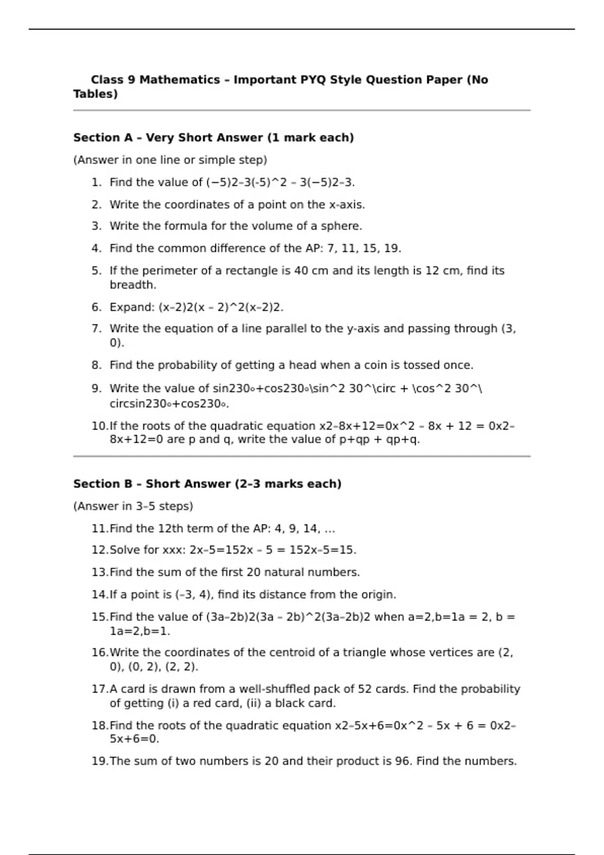 mathematics class9 important questions - Mathematics - Stuvia US