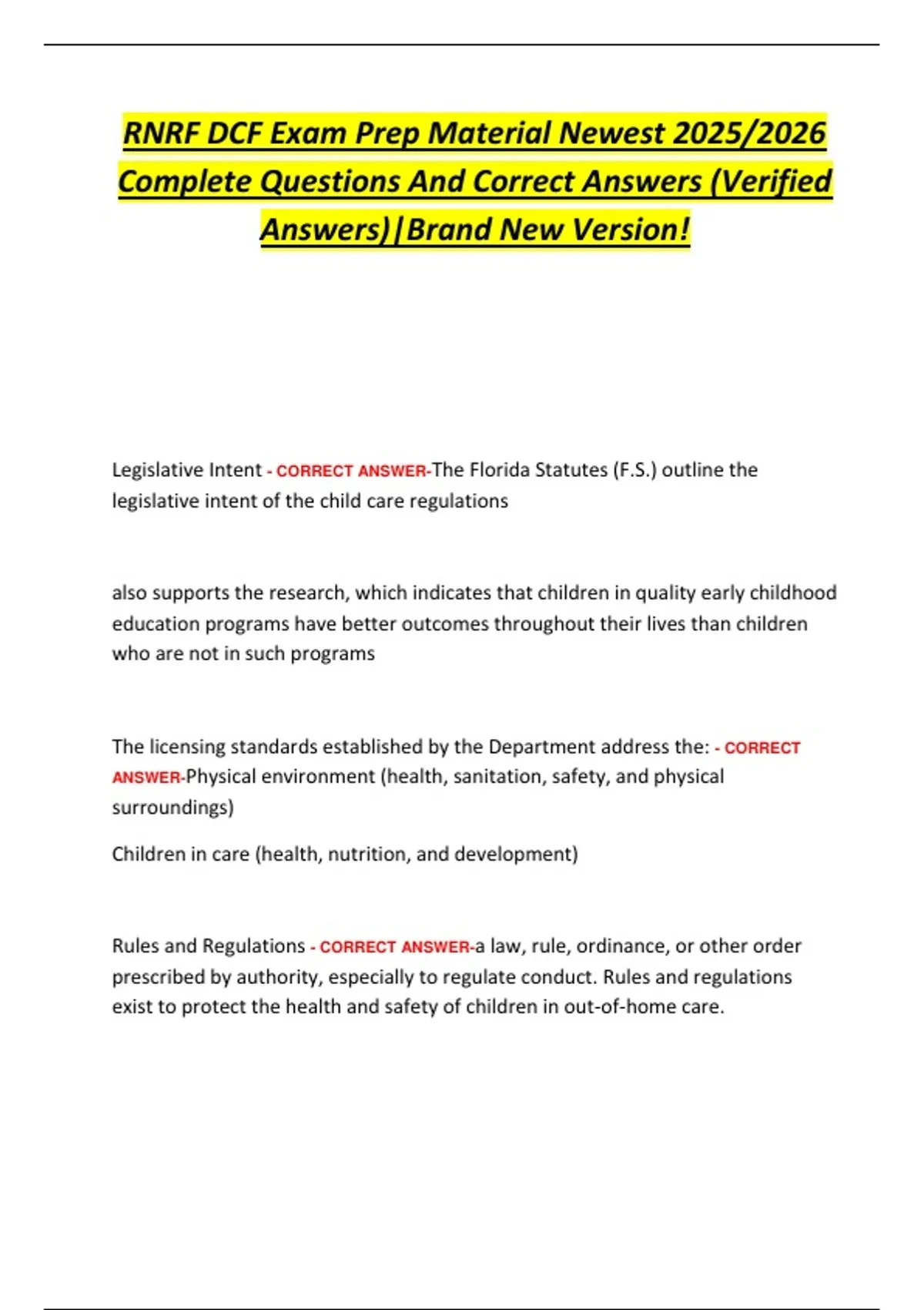 RNRF – DCF Exam (Rules and Regulations for Child Care Facilities ...