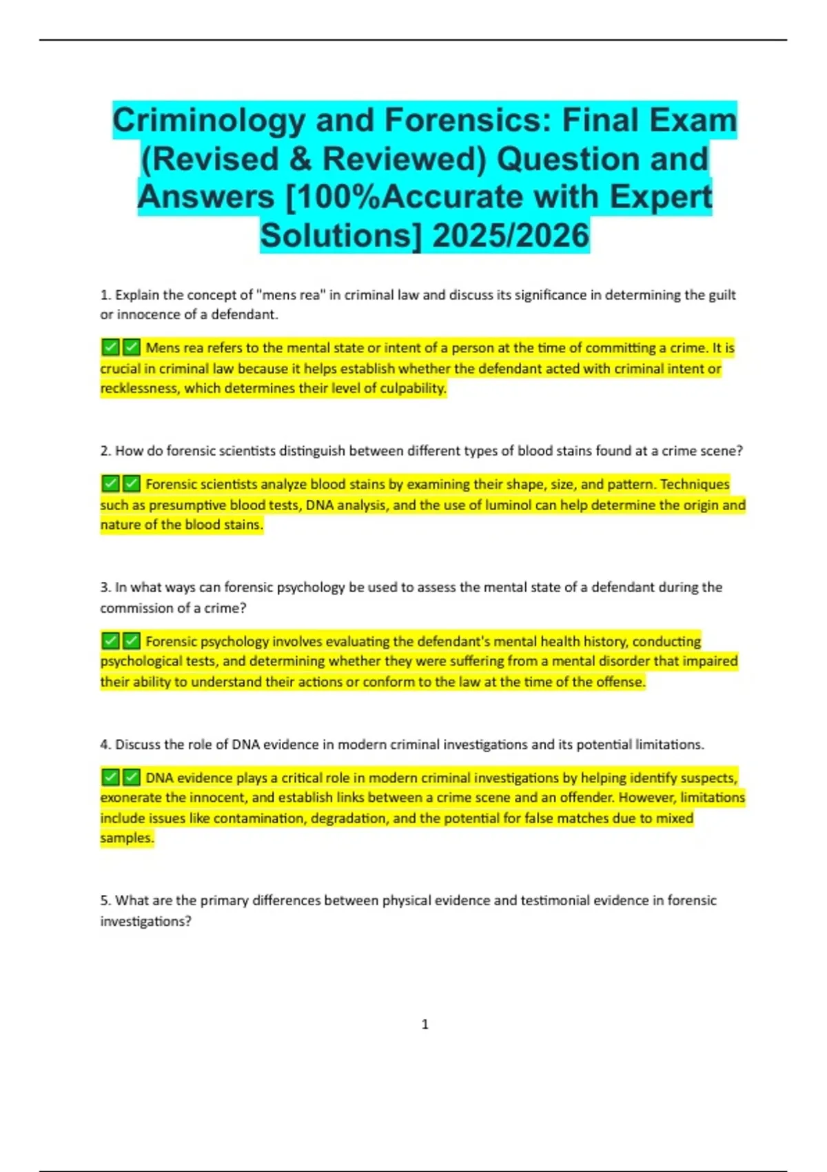 Criminology and Forensics: Final Exam (Revised & Reviewed) Question and Answers [100%Accurate ...