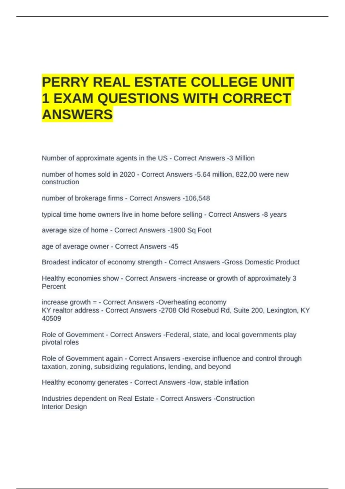 PERRY REAL ESTATE COLLEGE UNIT 1 EXAM QUESTIONS WITH CORRECT ANSWERS ...