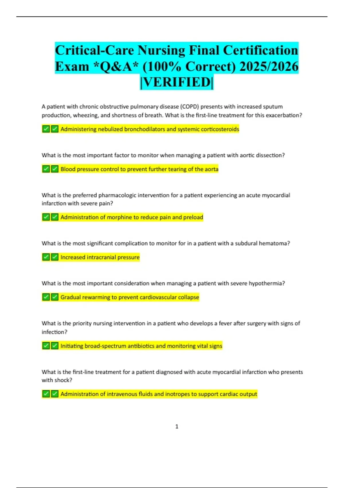 Critical-Care Nursing Final Certification Exam *Q&A* (100% Correct ...
