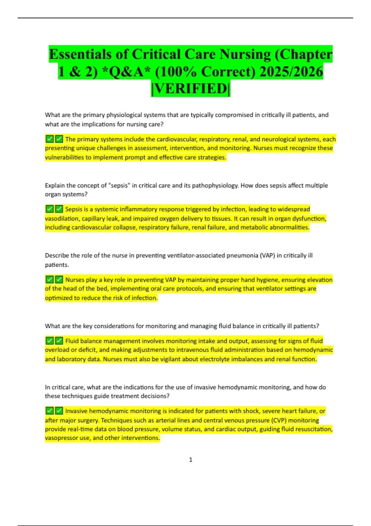 Essentials of Critical Care Nursing (Chapter 1 & 2) *Q&A* (100% Correct ...