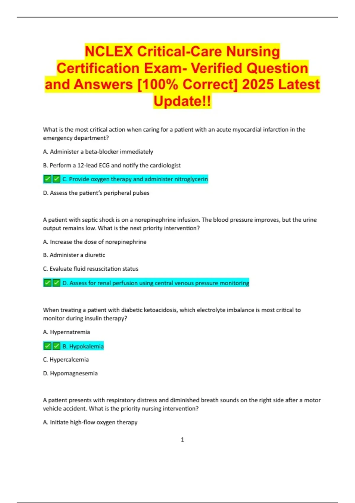 NCLEX Critical-Care Nursing Certification Exam- Verified Question and ...