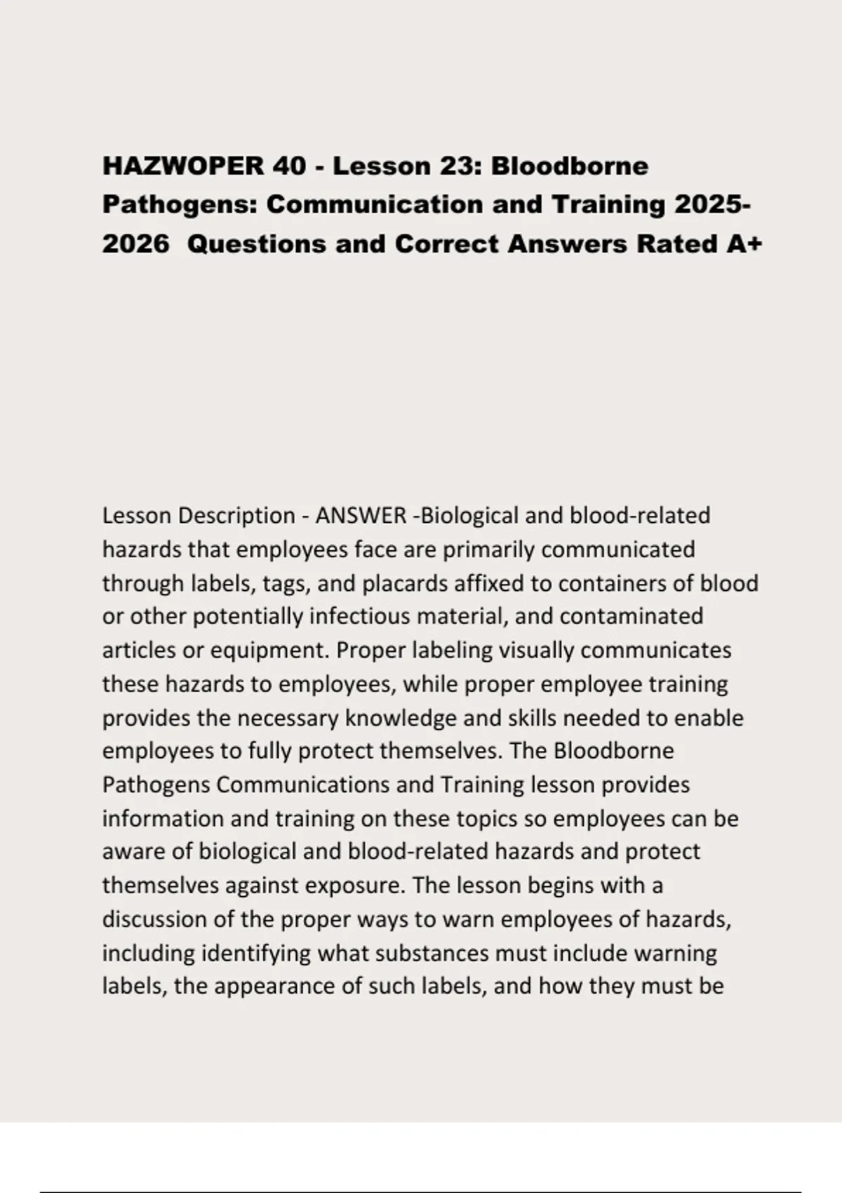 HAZWOPER 40 - Lesson 23: Bloodborne Pathogens: Communication and ...