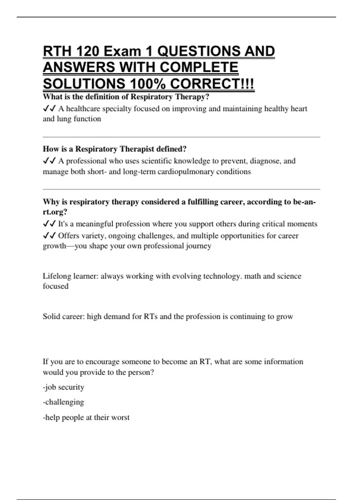 RTH 120 Exam 1 QUESTIONS AND ANSWERS WITH COMPLETE SOLUTIONS 100% ...