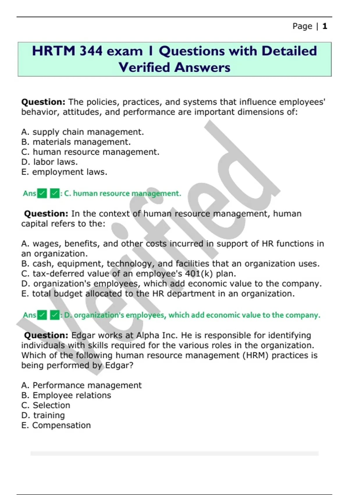 HRTM 344 exam 1 Questions with Detailed Verified Answers - HRTM - Stuvia US