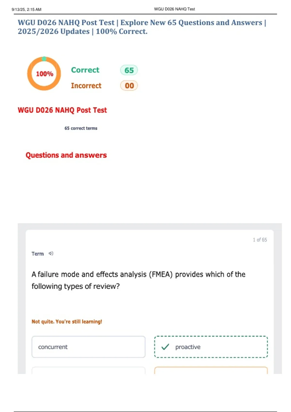 WGU D026 NAHQ Post Test | Explore New 65 Questions and Answers | 2025/ ...