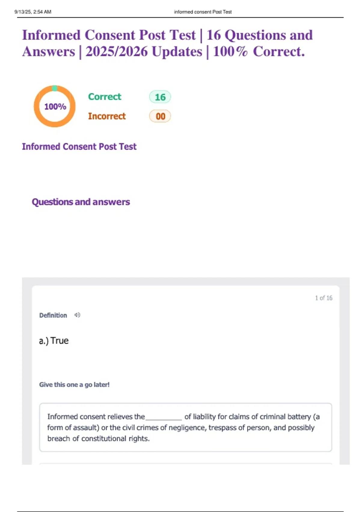 Informed Consent Post Test | 16 Questions and Answers | 2025/2026 ...