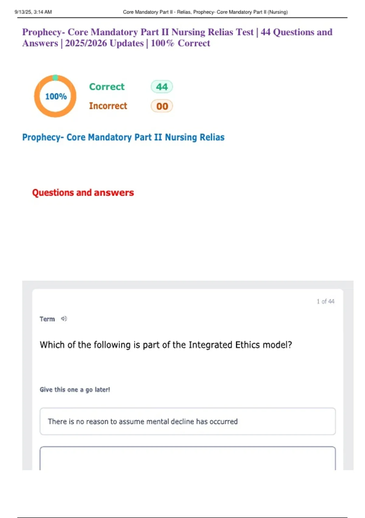 Prophecy- Core Mandatory Part II Nursing Relias Test | 44 Questions and ...