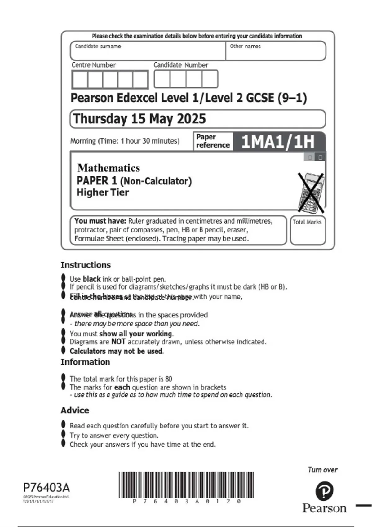 GCSE Edexcel Mathematics Paper 1 Non-Calculator 2025 Higher Tier ...