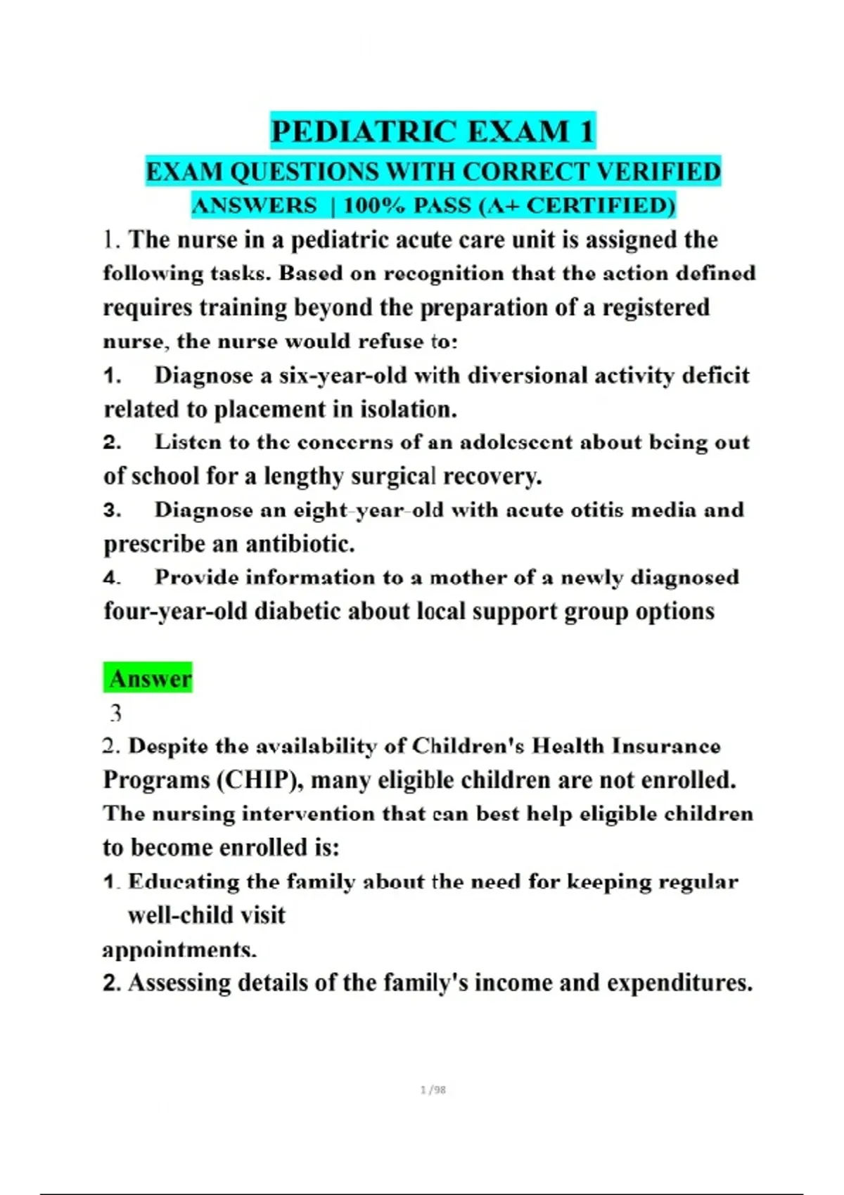 PEDIATRIC EXAM 1 EXAM QUESTIONS WITH CORRECT VERIFIED ANSWERS | 100% ...