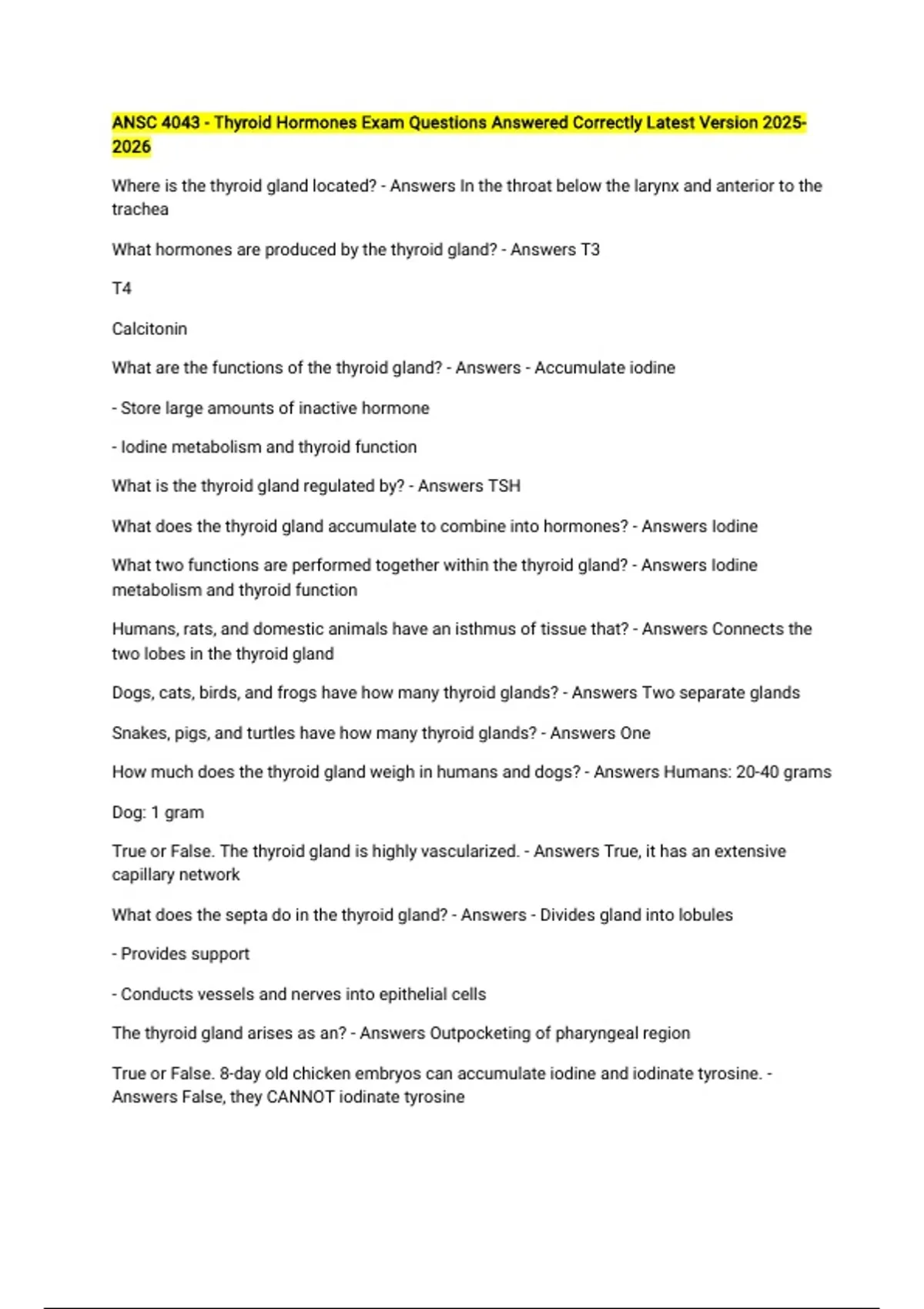 ANSC 4043 - Thyroid Hormones Exam Questions Answered Correctly Latest ...