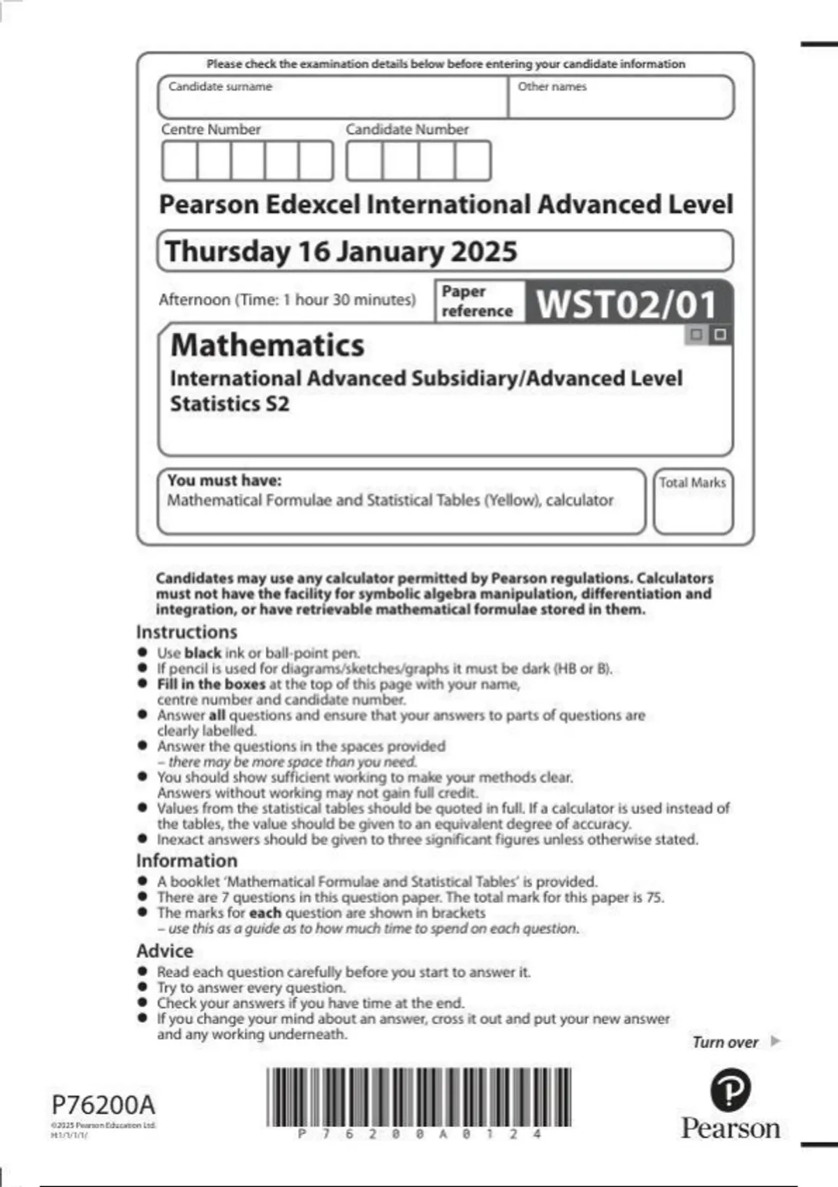 Pearson Edexcel IAL Mathematics Statistics S2 WST02 paper-1 January ...