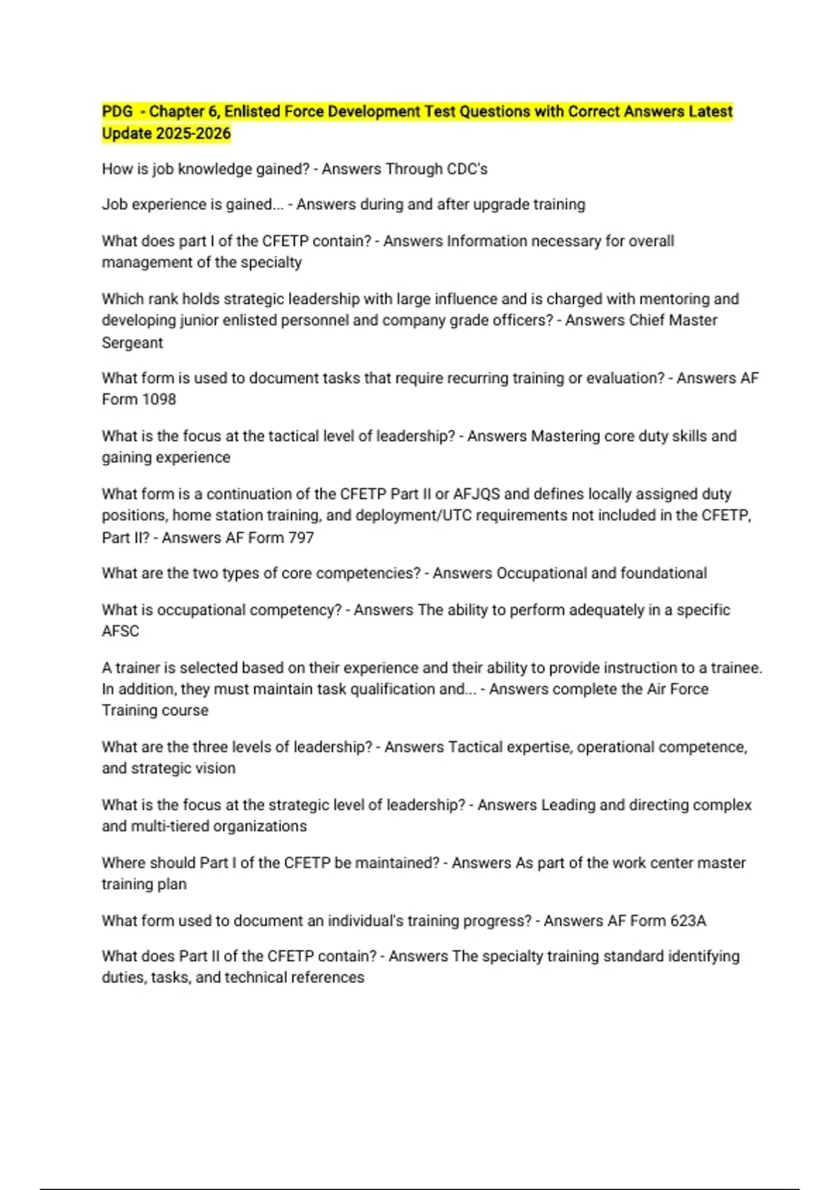PDG - Chapter 6, Enlisted Force Development Test Questions with Correct ...