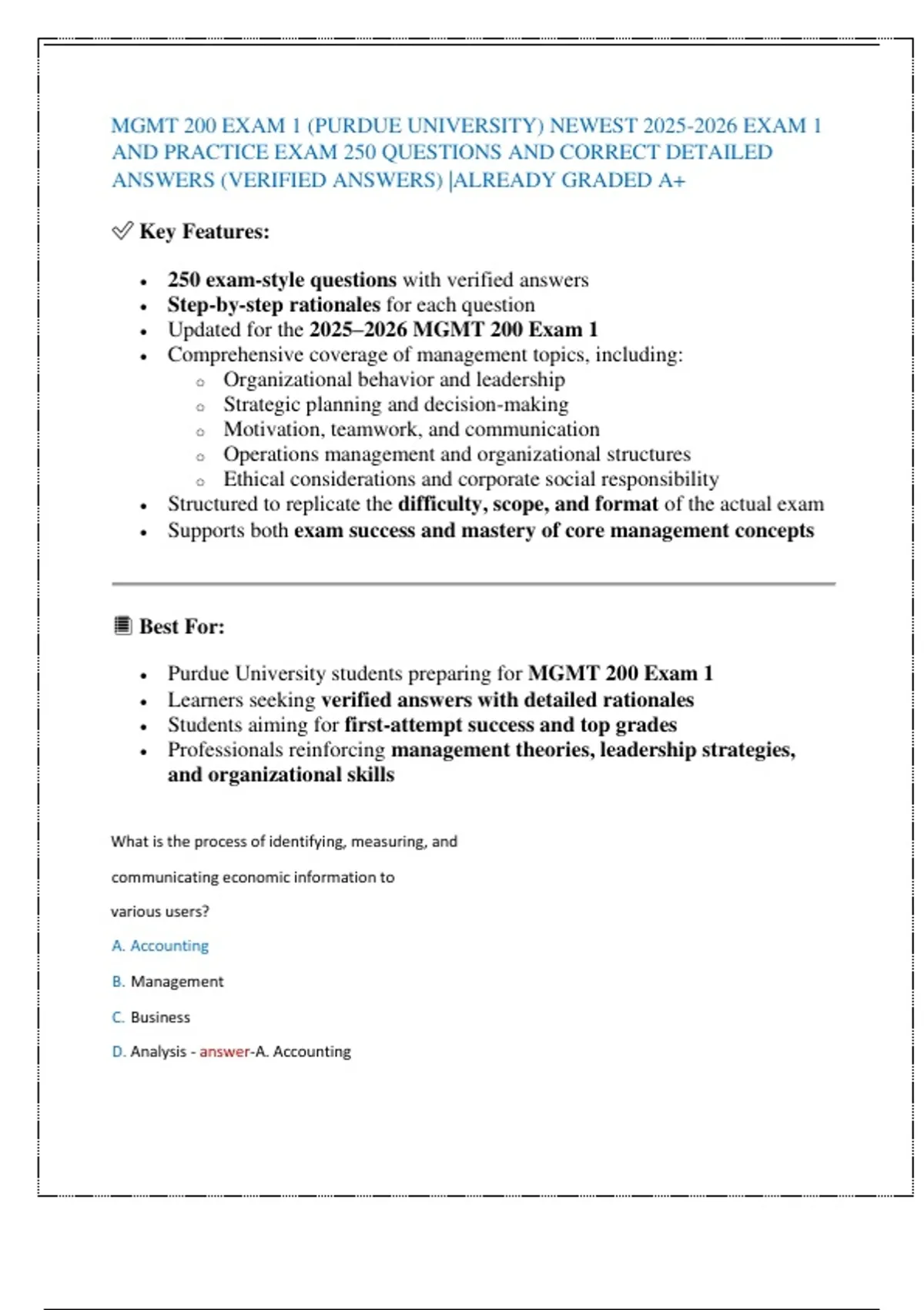 MGMT 200 EXAM 1 (PURDUE UNIVERSITY) NEWEST EXAM 1 AND PRACTICE EXAM 250 ...