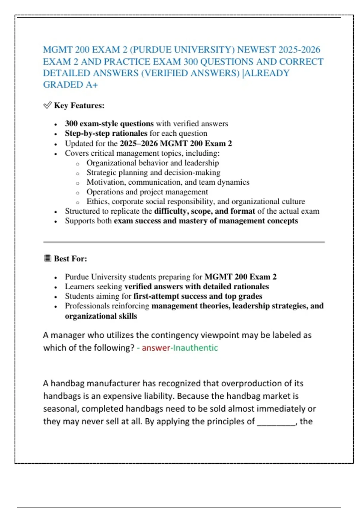 MGMT 200 EXAM 2 (PURDUE UNIVERSITY) NEWEST EXAM 2 AND PRACTICE EXAM 300 ...