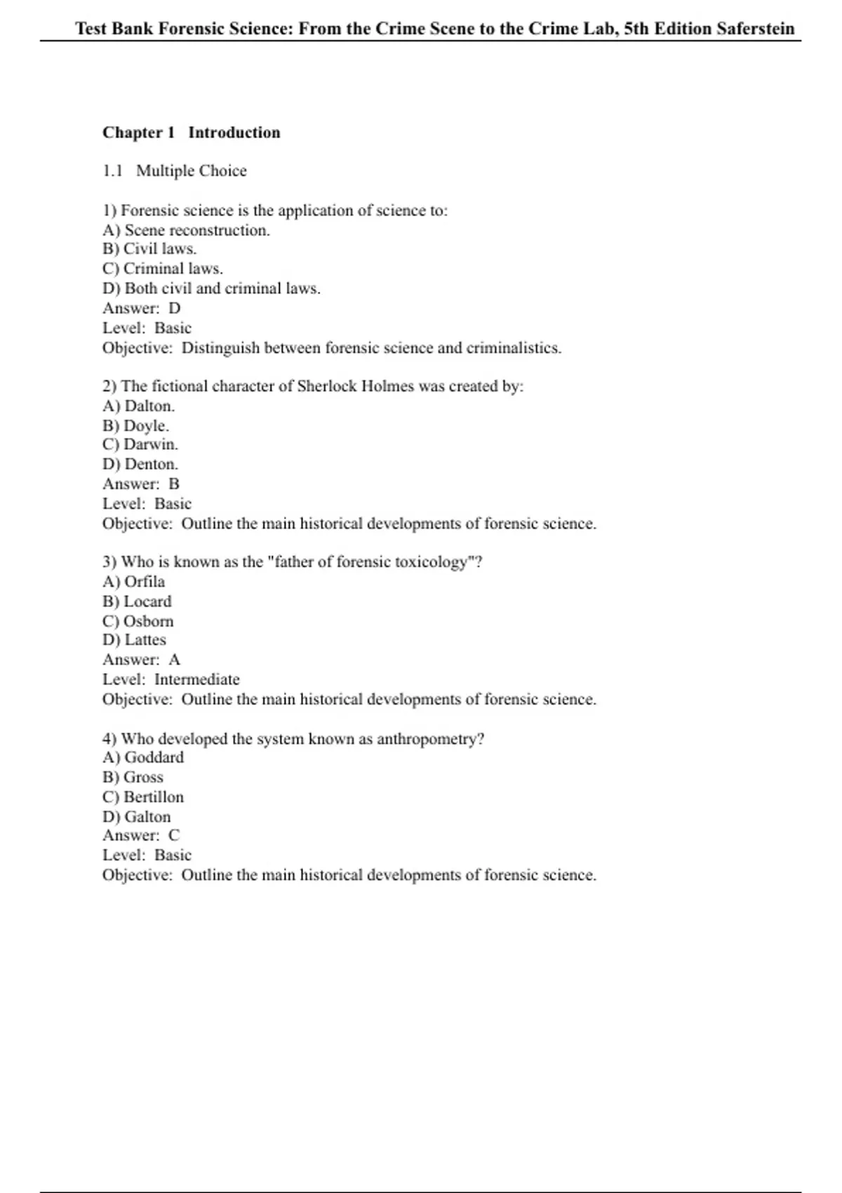 Test Bank for Forensic Science: From the Crime Scene to the Crime Lab ...