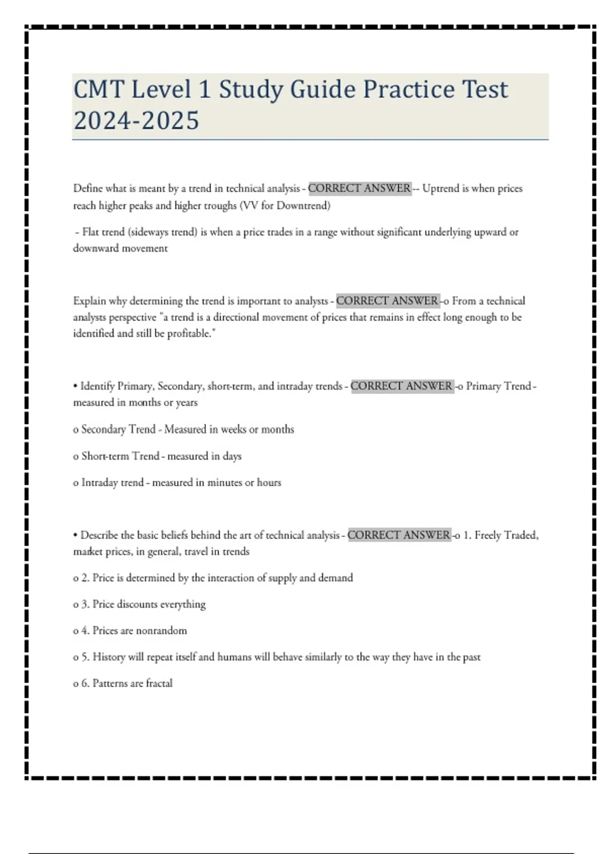 CMT Level 1 Study Guide Practice Test - CMT Level 1 - Stuvia US
