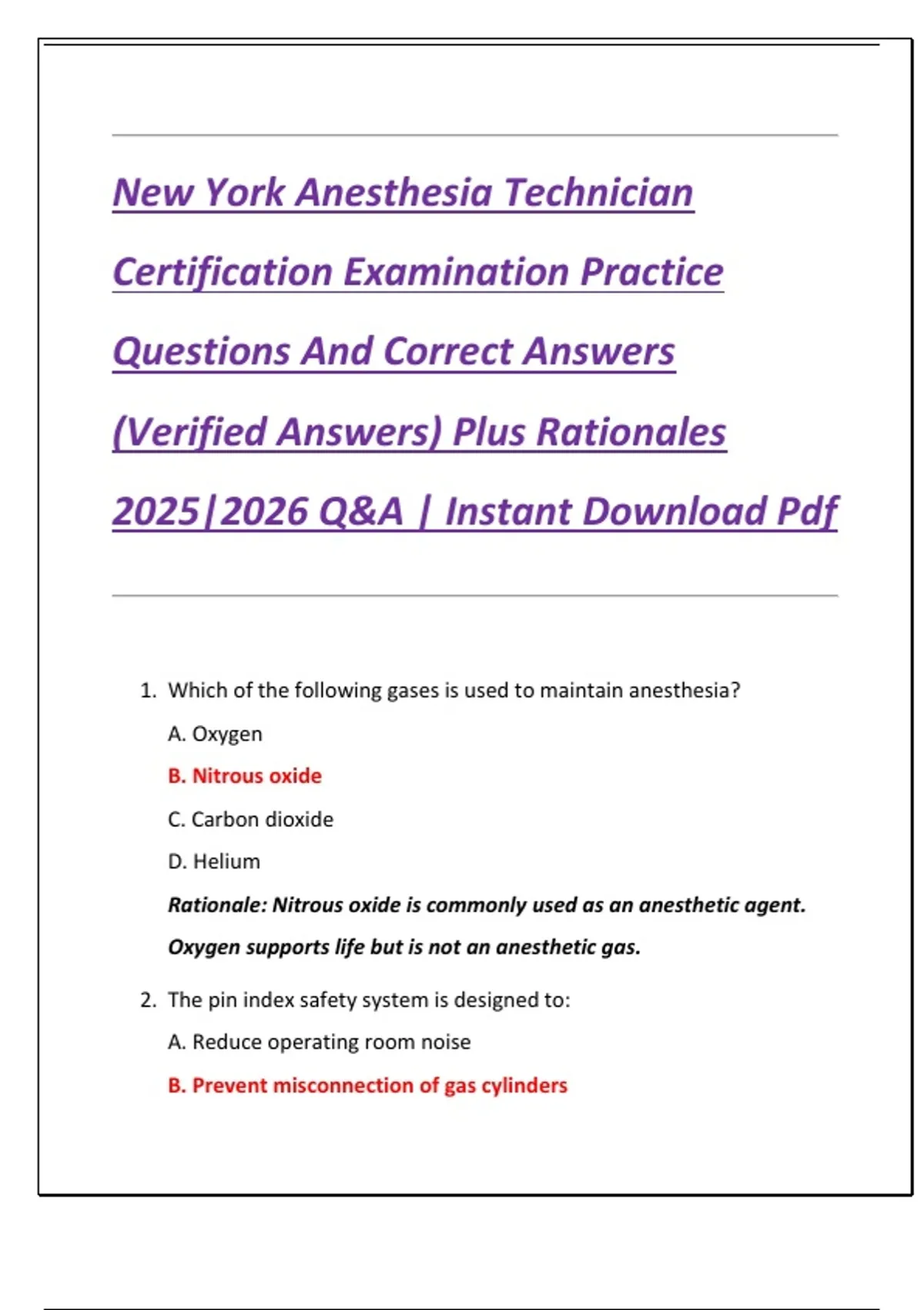 New York Anesthesia Technician Certification Examination Practice ...