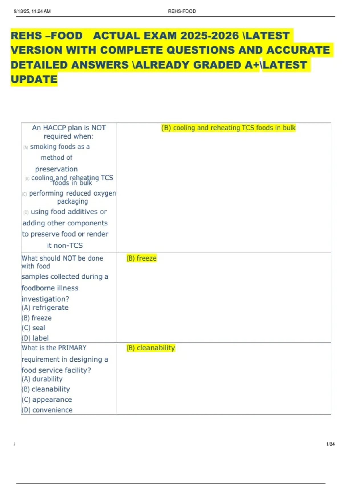 REHS –FOOD ACTUAL EXAM LATEST VERSION WITH COMPLETE QUESTIONS AND ...