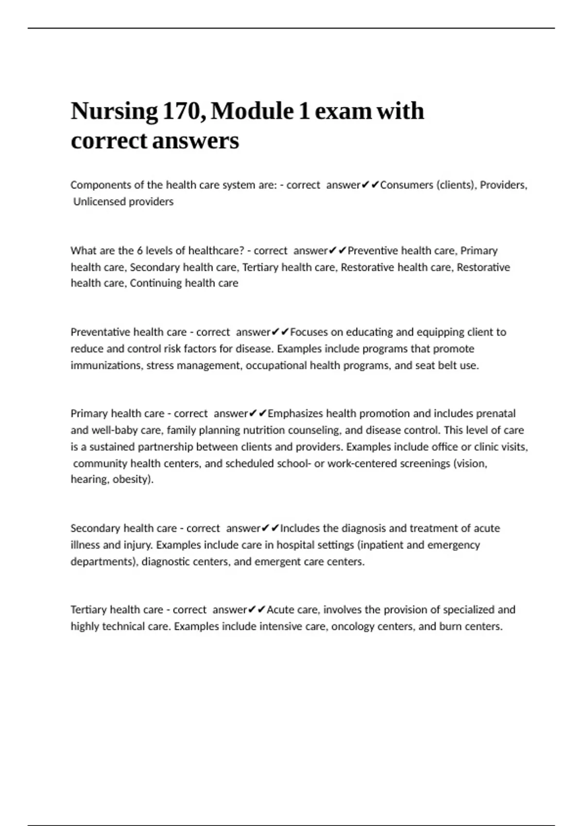 Nursing 170, Module 1 exam with correct answers - NURS 170 - Stuvia US