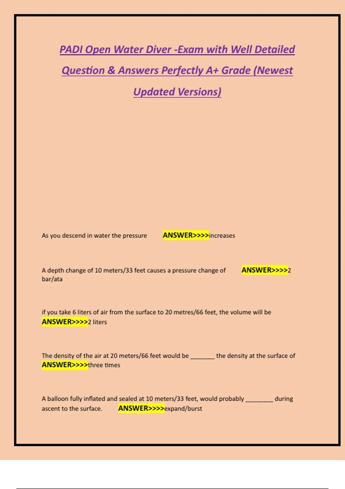PADI Open Water Diver -Exam with Well Detailed Question & Answers ...