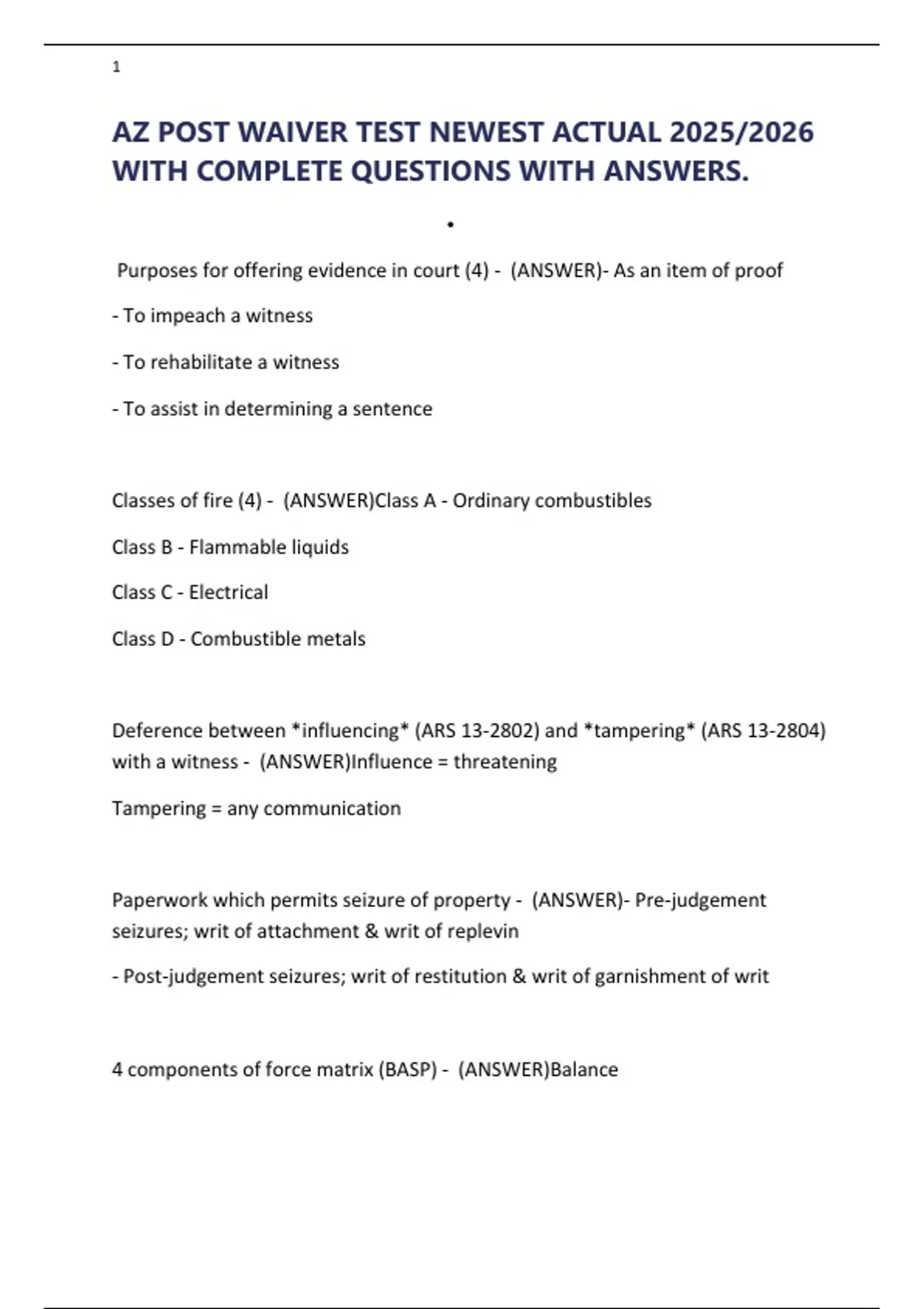 AZ POST WAIVER TEST NEWEST ACTUAL 2025/2026 WITH COMPLETE QUESTIONS ...