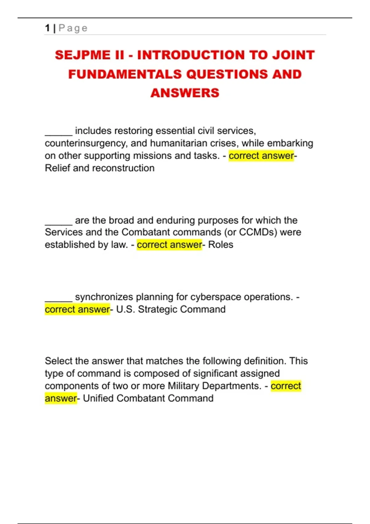SEJPME II - INTRODUCTION TO JOINT FUNDAMENTALS QUESTIONS AND ANSWERS ...